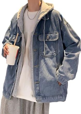 Generic Jeans Jacket for Men Classic Casual Jean Jacket Hoodie Loose Fit Long Sleeve Trucker Coat Denim Outwear Light Blue X Large