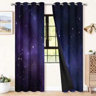 Generic Verdunkelungsvorhang Galaxie Weltraum Sterne, Dunkelviolett W&auml;rmeisolierte Blickdichte Vorh&auml;nge mit &Ouml;sen f&uuml;r Wohnzimmer Schlafzimmer, H 140 x B 90 cm 