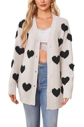 Generic Cardigan en tricot boutonn&eacute; &agrave; col en V en forme de coeur pour la Saint-Valentin 2026, Beige-b, XL