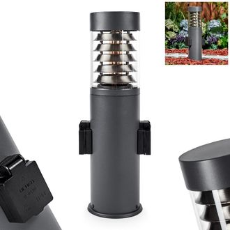 HOFSTEIN Außenwegeleuchte Dakar, moderne Sockelleuchte mit 2 Steckdosen aus Metall/Kunststoff in Anthrazit/Klar, Wegeleuchte Höhe 40 cm, Gartenbeleuchtung IP44