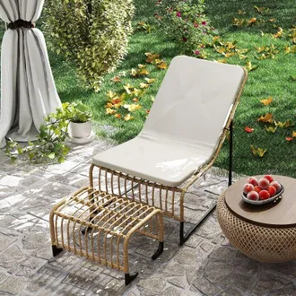 STILVORA Fauteuil De Jardin Lounge Sans Accoudoirs avec Pouf, Coussin Fixable, Structure Acier, en Rotin, Blanc Cr&egrave;me