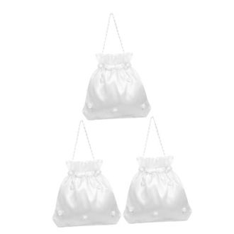 Hemobllo Lot de 3 Pochettes de Mariage en Satin Blanc Petit Paquet &agrave; Main de Mari&eacute;e Orn&eacute; de Fleurs Bourse de Mari&eacute;e Fermeture &agrave; Cordon pour Demoiselles DHonneu