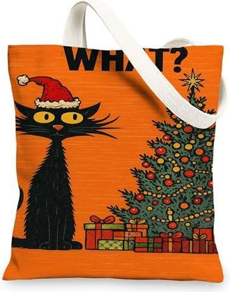 Generic Sacs fourre-tout en toile motif chat de Noël, motif félin noir, sacs dépicerie réutilisables, fantaisie, légers et lavables, Orange, 13x15 Inch