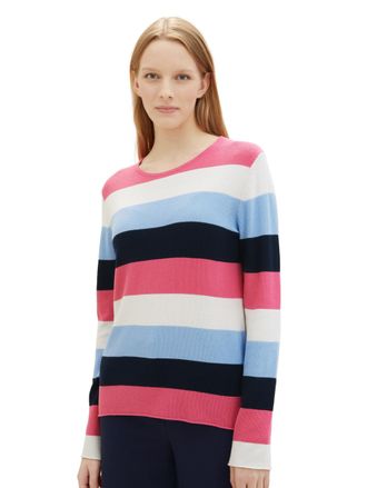 Tom Tailor Damen Basic Pullover mit Rundhalsausschnitt, 35538 - Pink Multicolor Stripe, L