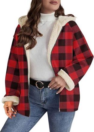 Minetom Veste à Carreaux Femme Sweat à Capuche Chaud Polaire Manches Longues Hoodie Zippé Blouson Automne Hiver Manteau A2 Rouge L
