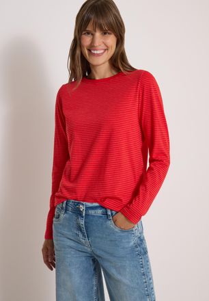Cecil Langarmshirt CECIL, Damen, Gr. XXL (46), rot (flame rot), Web, 80% Baumwolle, 20% Polyester, gestreift, comfort fit normal, U-Boot-Ausschnitt, abgeste