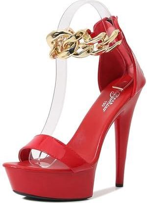 Generic Rouge,35 EU,Escarpins &agrave; Talons Aiguilles et Plateforme pour Femmes, Fermeture &eacute;clair au Dos, Sandales &agrave; Talons Ouverts avec Bride &agrave; la Cheville en cha