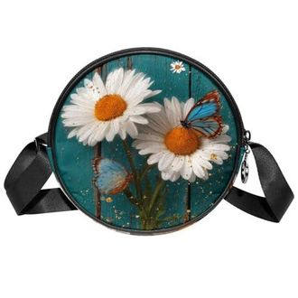 Generic Sac &agrave; bandouli&egrave;re rond pour femme, marguerites et papillons, petit sac &agrave; bandouli&egrave;re avec fermeture &eacute;clair, bretelles r&eacute;glables, sac &agrave; main rond d&eacute;con