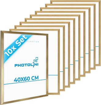 Photolini Bilderrahmen 40x60 gold 10er Set Holz MDF, Bilderrahmen 60x40 gold, picture frame 40x60 mit bruchsicherem Acrylglas zum Aufhängen, Rahmen 60x40 mit ex