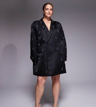 Asos Curve - Robe blazer oversize avec franges &agrave; perles - Noir