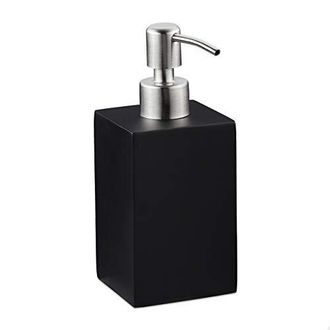 Relaxdays Porte-Savon Liquide, 300 ML, Rechargeable, Salle de Bain, Distributeur shampoing, Pompe en INOX, carré, Noir, Polyrésine, 1 unité