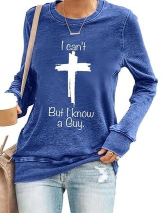 Generic T-shirt graphique &agrave; manches longues avec inscription &laquo; I Cant But I Know A Guy Cross &raquo; pour femme - Automne et hiver, bleu, 3XL