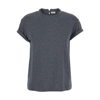Brunello Cucinelli Graues Crewneck T-Shirt mit Monil-Detail - - Tops - Damen - Grau - S