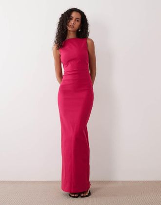 Vesper robe longue &agrave; col montant et dos drap&eacute; en bengaline fuchsia-Rose