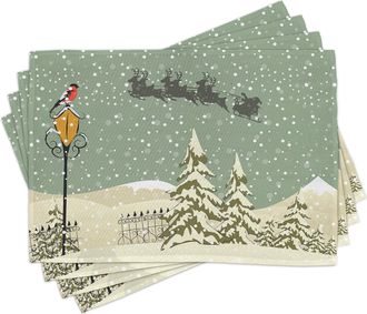 Abakuhaus Weihnachten Platzmatten, Weihnachtsmann-Ren, Waschbare Stoff Esszimmer Küche Tischdekorations Digitaldruck, Beige Grün Weiß