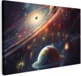 MuchoWow &copy; Wandbilder Gro&szlig; 120x80 cm XXL Schlafzimmer Home Deko Wohnung Bild Wohnzimmer Fotoleinwand Wand Bilder Leinwand Wall Decor Weltraum - Planeten - Neon