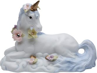 Gc Cg 737-33 Weiß Einhorn mit Blumen Sitzende Figur