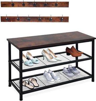 Relaxdays Schuhregal mit Garderobe, Schuhablage 6 Paar Schuhe, HBT: 45x80x30 cm, Hakenleisten, Industrial, schwarz/braun