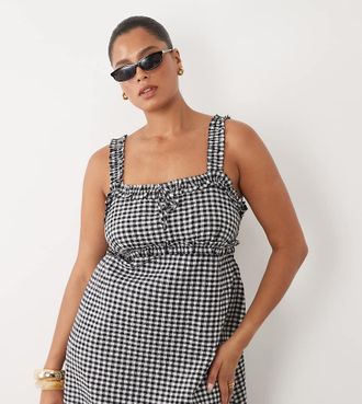 New Look Plus New Look Curve - Midikleid in Schwarz mit Vichy-Karomuster und Puff&auml;rmeln