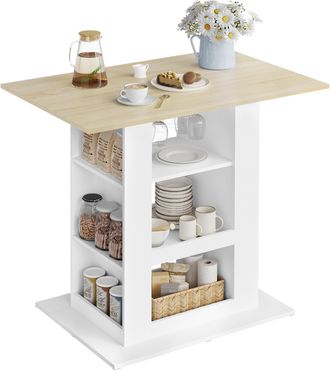 Woltu Bartisch mit Stauraum, Stehtisch mit 2 Glashaltern, Esstisch für Bar Küche Wohnzimmer, Küchentheke aus Holz, Hochtisch 105x94x68 cm, weiß & helle Eich