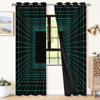Generic Bedruckte Blickdichte Vorh&auml;nge Schwarz Gr&uuml;n, Minimalistischer 3D Netztunnel Muster W&auml;rmeisoliert UV-Schutz Vorh&auml;nge mit &Ouml;sen - H 215 x B 91.5 cm (2er 