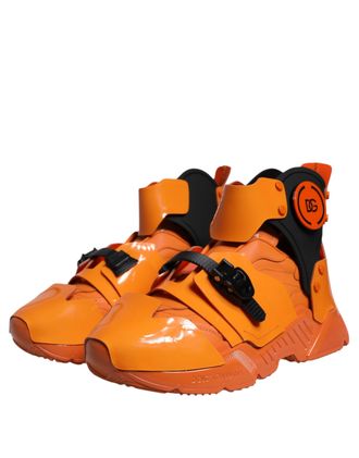Dolce & Gabbana Mens Orange Multi Panel Chunky High Top Sneakers Shoes Pvc Calfskin Leather