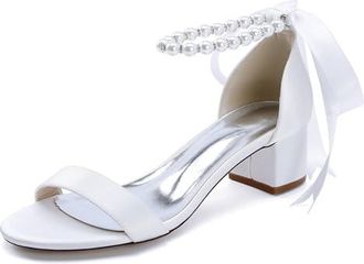 Generic Chaussures De Mariage Femmes Bout Ouvert Talons Sandales Satin&eacute;e Mari&eacute;e Talons Bas Dress F&ecirc;te Hauts Talons4.5Cm,Blanc,40 EU