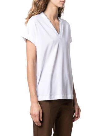 Brunello Cucinelli Silvery-Trim V-Neck T-Shirt - White
