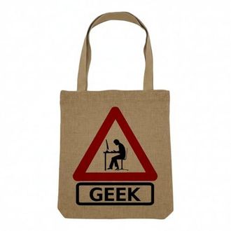 Fabulous Sac Shopping Tote Bag Aspect Lin - Panneau Attention Geek Jeux Vid&eacute;o Ordinateur - Sac de Courses Toile Epaisse 360g Beige Naturel Cabas Port&eacute; Epaule S