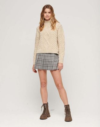 Superdry Aran - Pull en maille torsad&eacute;e &agrave; col polo - &Eacute;cru-Blanc
