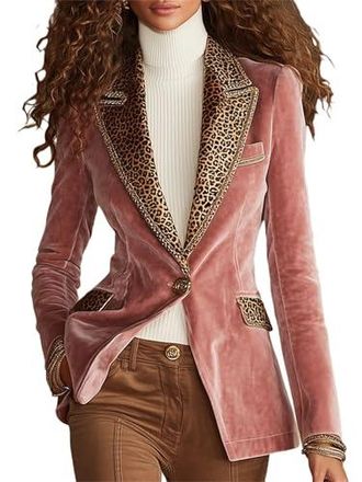 Generic Blazer en velours pour femme 2026 avec poches, imprim&eacute; l&eacute;opard, revers patchwork vintage, fermeture &agrave; un bouton, manches longues, coupe &eacute;troite, Rose,