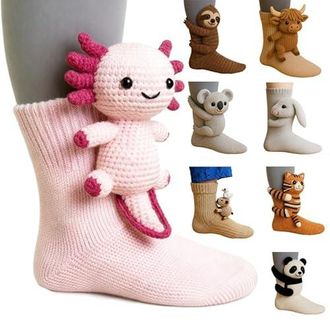 Fienza Animal Socks Chaussettes danimaux, 3D faites &agrave; la main avec motifs danimaux en coton double couche, chaud c&acirc;lin de No&euml;l, longues chaussettes chaudes p