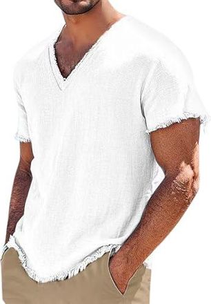 Generic T-shirts pour hommes col en V blanc, chemise en lin &agrave; manches courtes pour homme T-shirt &agrave; manches longues Hem ray&eacute;, chemise en lin pour les loisirs, 