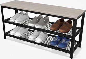 Relaxdays Banc &agrave; chaussures Relaxdays, 8 paires, H45&times;L100&times;P30 cm, 2 &eacute;tag&egrave;res grillag&eacute;es, assise aspect bois, marron clair/noir