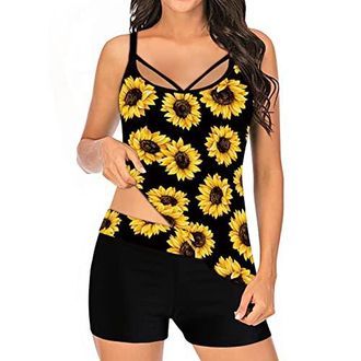 Generic Maillot de bain tankini taille haute imprim&eacute; pour femme - Maillot de bain 2 pi&egrave;ces rembourr&eacute; pour la plage, jaune, XXL