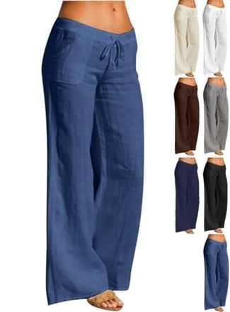 Generic Pantalon ample en lin et coton m&eacute;lang&eacute; pour femme avec cordon de serrage et taille &eacute;lastique, bleu, 5XL