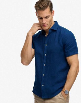 Superdry Riviera - Chemise en lin m&eacute;lang&eacute; &agrave; manches courtes - Bleu fran&ccedil;ais