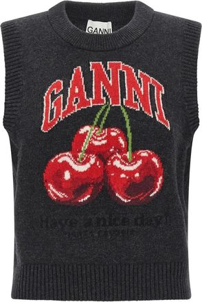 Ganni Femme, Pulls, Noir, Taille: 40 FR Graphic Cherry Wool Vest