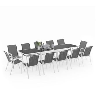 IDMarket Salon de jardin MADRID table extensible 135-270 CM et 12 chaises empilables blanc et gris