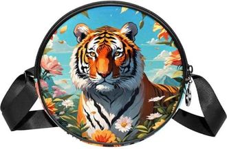 Generic Petit sac &agrave; bandouli&egrave;re rond pour femme, motif fleur de tigre, sac &agrave; dos avec fermeture &eacute;clair, bretelles r&eacute;glables, sac &agrave; main rond d&eacute;contract&eacute; pour 