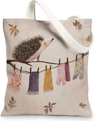 Generic Sacs fourre-tout en toile motif hérisson, sacs de courses réutilisables, légers et lavables avec bandoulière, beige, 13x15 Inch