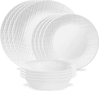 Corelle Corelle Geschirr-Set aus Leinengewebe, 12-teilig, Service f&uuml;r 4 Personen, 8 Teller, 4 Sch&uuml;sseln, splitter- und bruchfest, Tafelgeschirr
