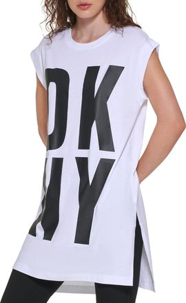 DKNY Womens Exploded Logo Cotton Blend Tunic T-Shirt, White/Black, XS