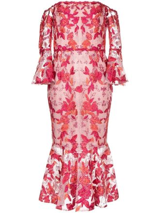Marchesa Schulterfreies Kleid mit Blumenstickerei - Rot