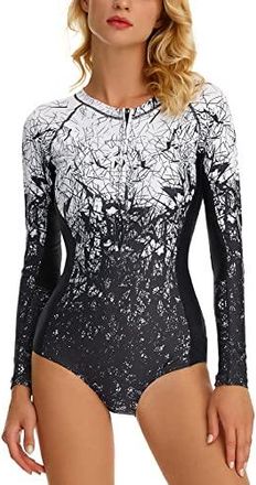 Feoya Maillot de Surf Femme Maillot de Bain à Manches Longues Une Pièce Coupe Ajustée Vêtements de Plage pour Sports Nautiques Noir-1 Taille XXL