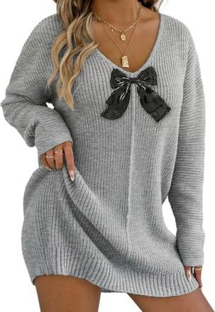 Generic Robe Pull Femme Oversize Tricotée Manches Longues Col V Mini Hiver Décontractée Tendance Noeud