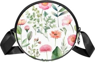 Generic Petit sac &agrave; bandouli&egrave;re circulaire pour femme, motif feuilles florales, sac &agrave; dos avec fermeture &eacute;clair, bretelles r&eacute;glables, sac &agrave; main rond d&eacute;contra