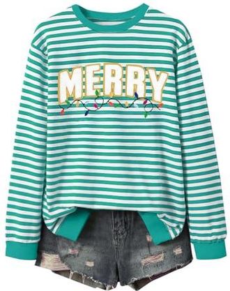 Generic HUIFUAO - Sweat-shirt de Noël joyeux Noël pour femme - Haut de Noël amusant à rayures - Tenue de Noël grande taille - Pull à manches longues - Haut à 
