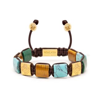 Nialaya Femme, Accessoires, Jaune, Taille: XS Womens Turquoise, Green Jade, and Brown Tiger Eye Flatbead Bracelet with Gold Plated Dorje