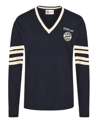 Replay x FC Bayern Pullover mit V-Ausschnitt und Streifenakzenten in